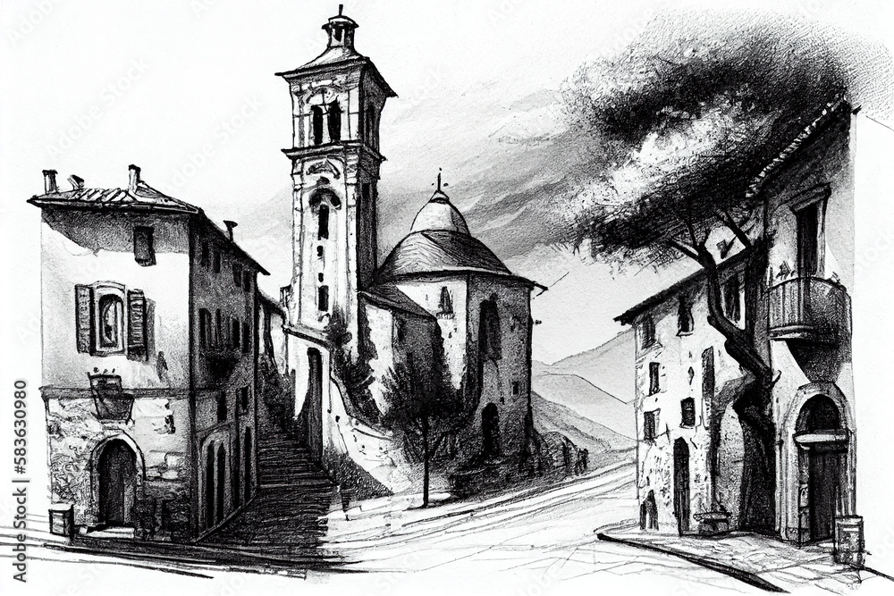 Drawing of Italian old town. Generative AI, Generative, AI Stock ...