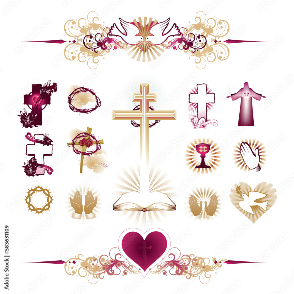 Set of religious signs. Cross with dove, holy spirit, bible. Design ...