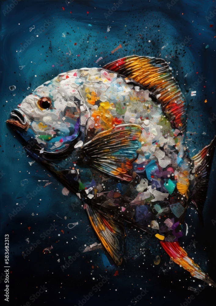 Fish formed by micro-plastics in sea. Concept of plastic pollution ...