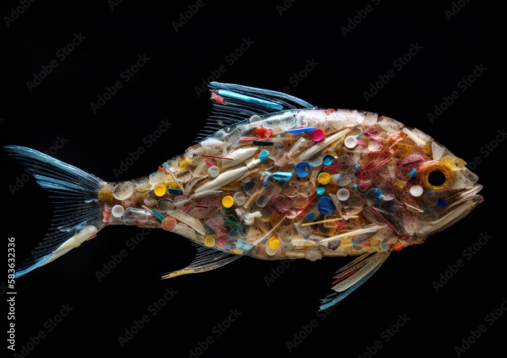 Fish consisting microplastics on black background. Concept of marine ...