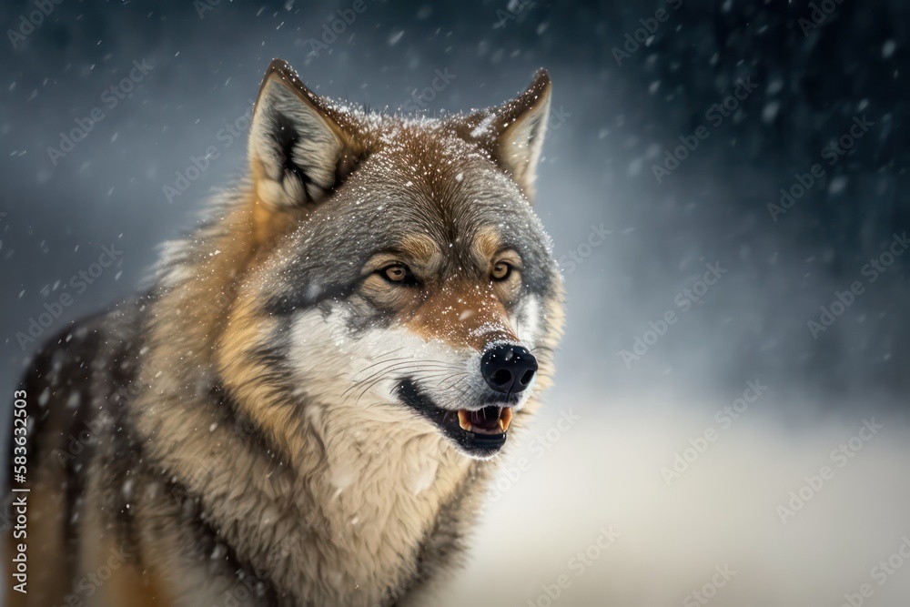 Wolf growling face in realistic style among the snow view. Wallpaper ...