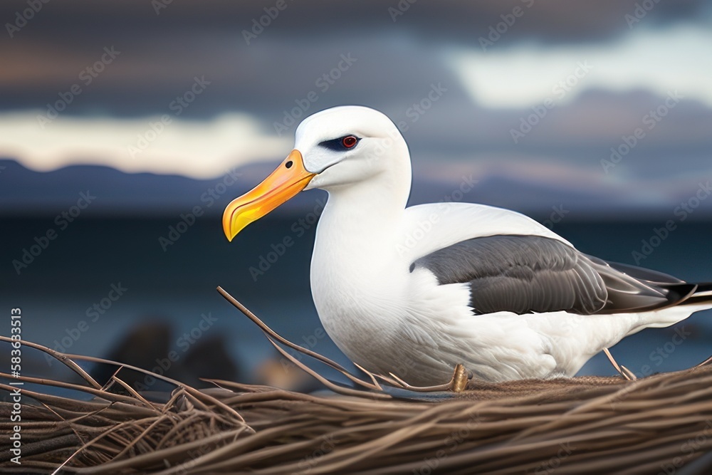 Royal albatross is incubating its chick in a nest on a picturesque ...