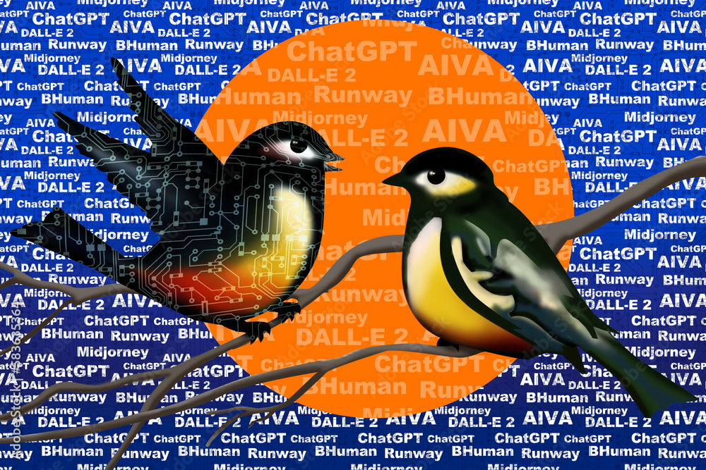 The sky, the sun and two birds with textured numbers, inscriptions and ...