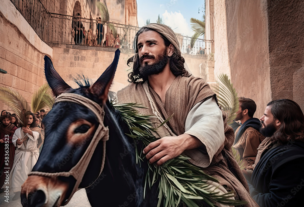 Jesus Christ riding a donkey many people surrounded him. Triumphal ...