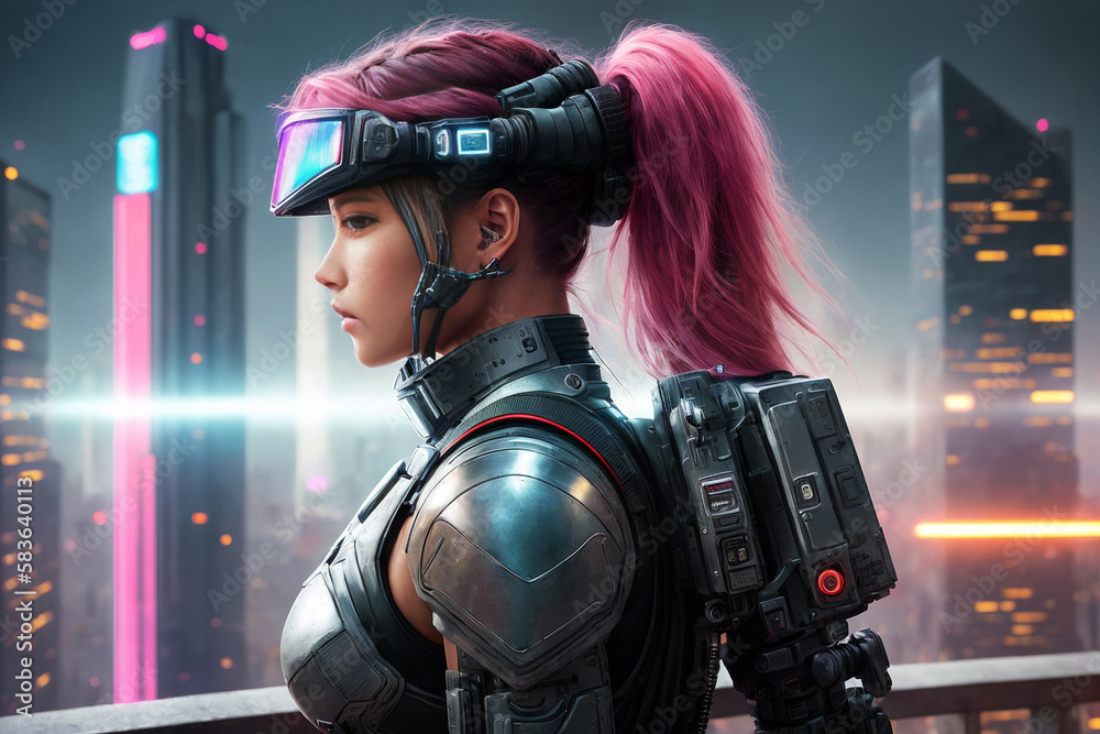 Cyberpunk cyborg girl in gear in neon city. Generative AI Stock ...