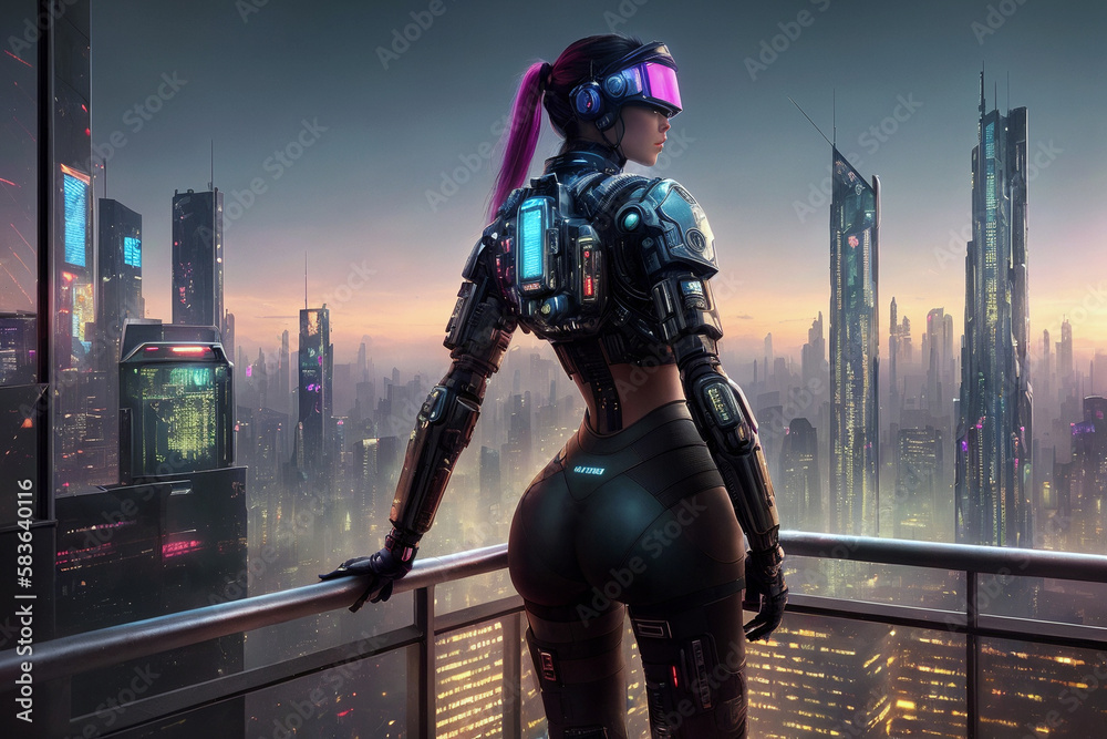 Cyberpunk cyborg girl in gear in neon city. Generative AI Stock ...
