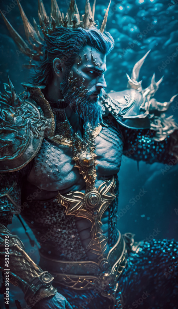 Neptune, sea king and prince of the seas, merman, hero from mythical ...