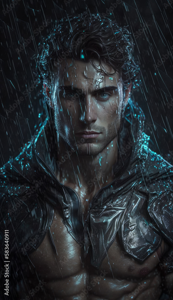 A brutal portrait of a muscular man, a dark, scarred barbarian with a ...