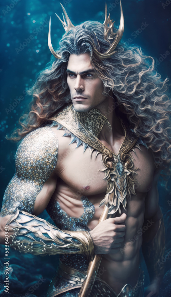 Neptune, sea king and prince of the seas, merman, hero from mythical ...