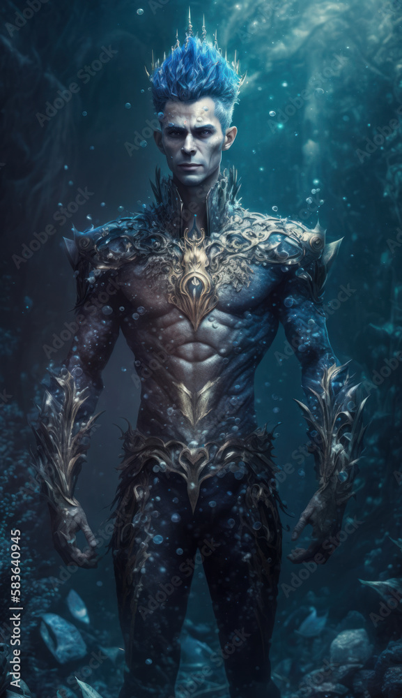 Neptune, sea king and prince of the seas, merman, hero from mythical ...