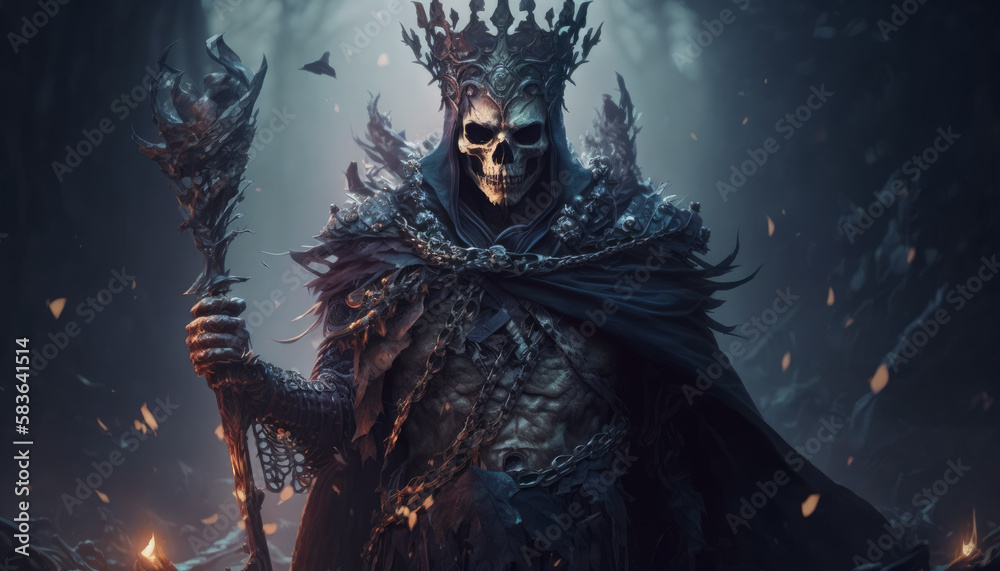 the lich king, the dark bone lord from the mythical books. Created using generative AI. Stock ...