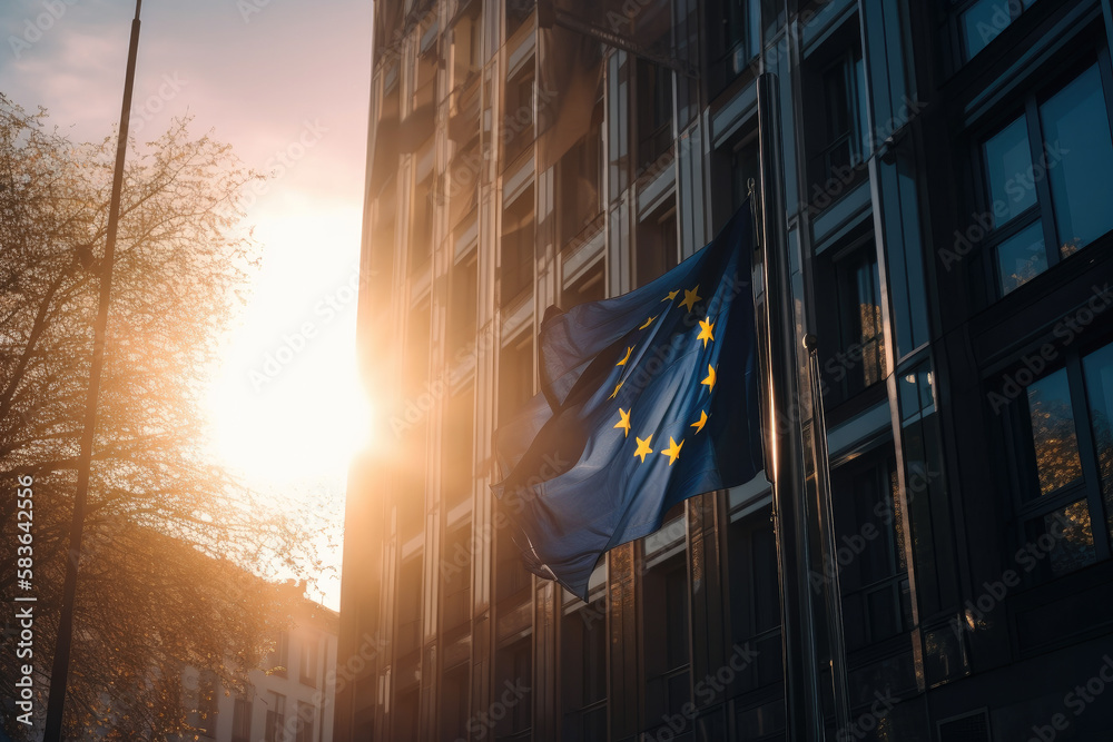 eu flag in front of building created with Generative AI technology ...