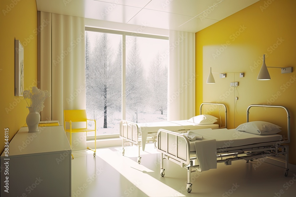 Bright yellow ward in a hospital with large windows. Generative ai ...