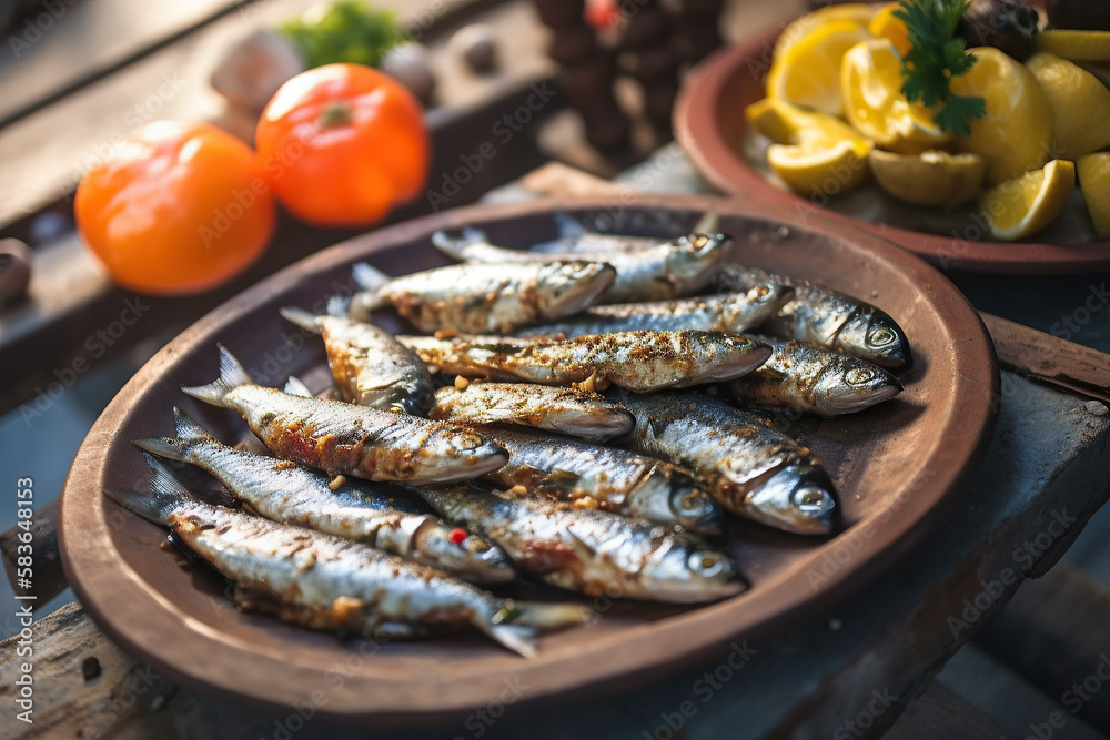 Sardinhas assadas na brasa com pimentos azeite e pão. Comida ...