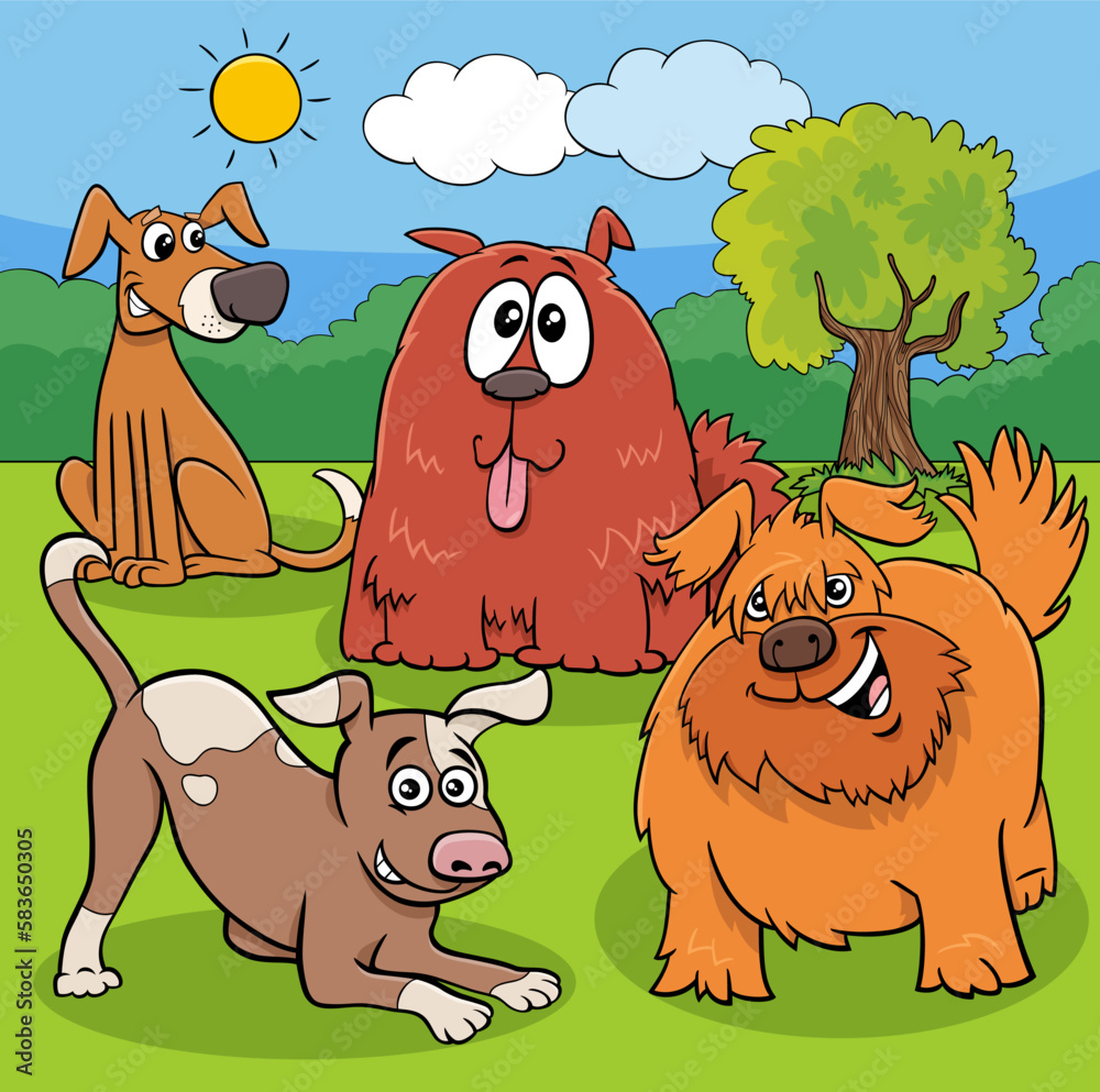 cartoon playful dogs and puppies in a park Stock Vector | Adobe Stock
