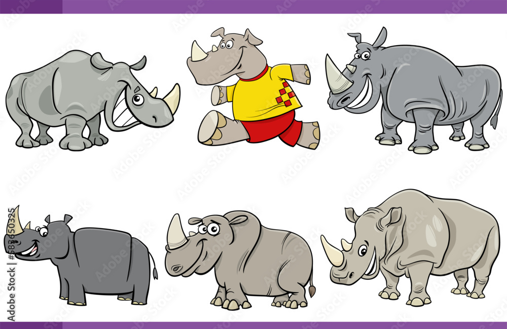 cartoon happy rhinos comic animal characters set Stock Vector | Adobe Stock