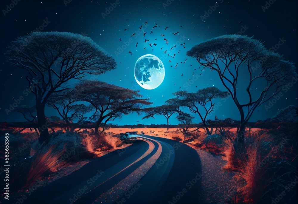 Cartoonish night scene with road, trees, rocks, flying birds, starry ...