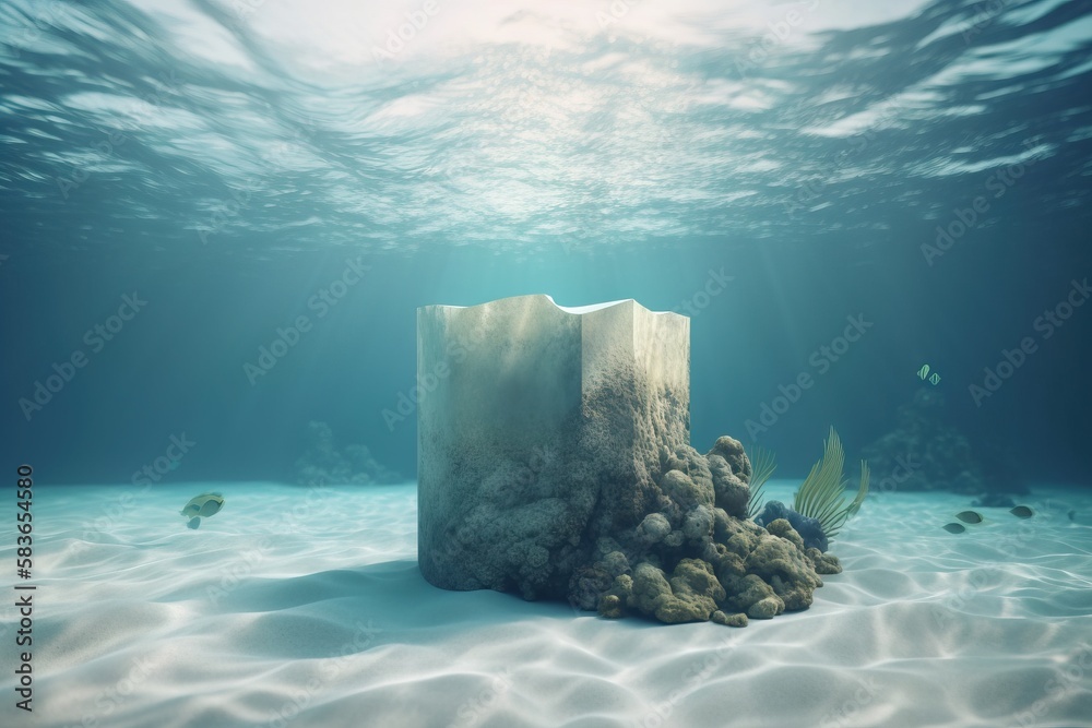 an underwater photo of a concrete structure in the ocean with a fish ...