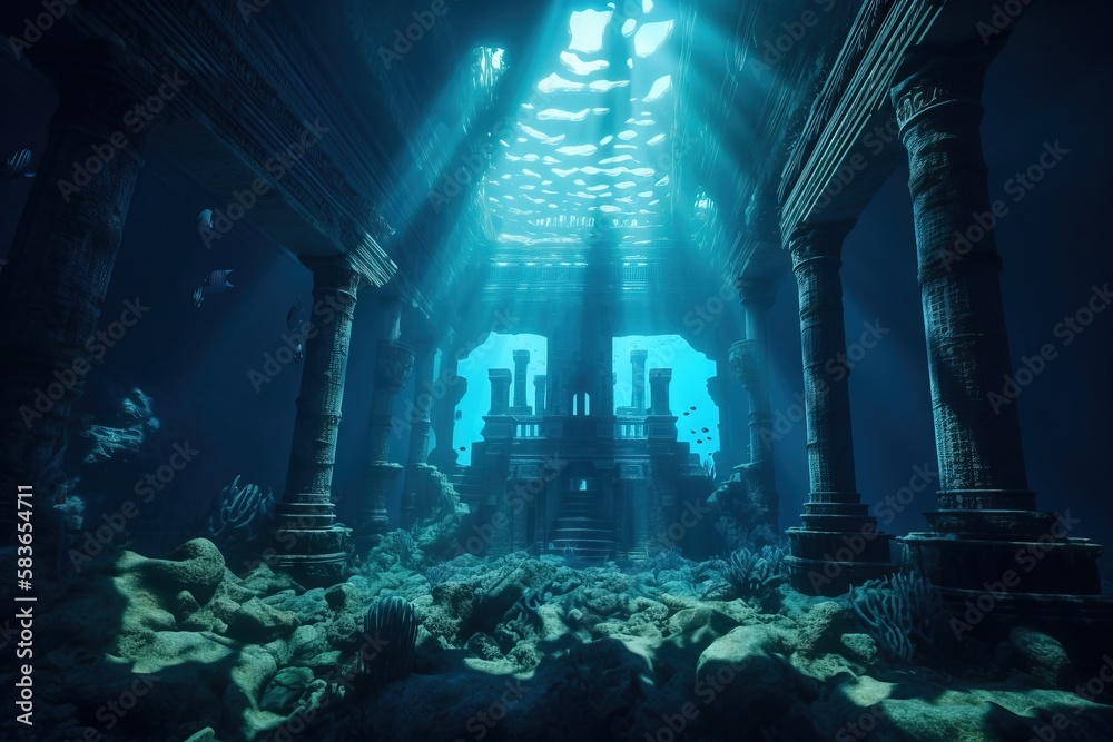 an underwater view of a building with columns and a clock tower in the ...