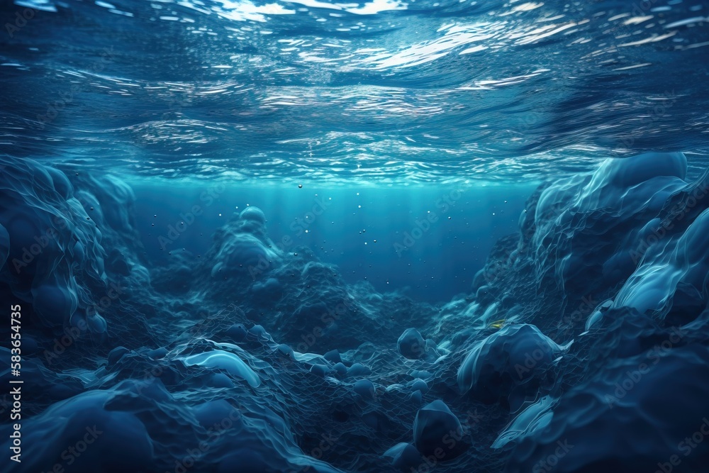 an underwater view of rocks and water with sunlight coming in from the ...