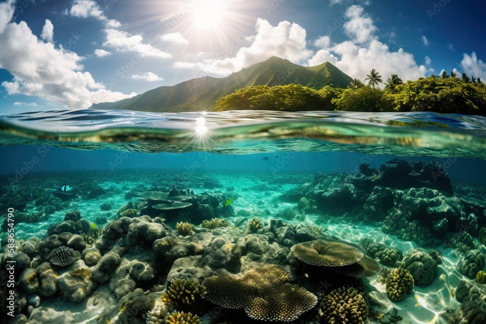 an underwater view of a coral reef and a mountain in the distance with ...