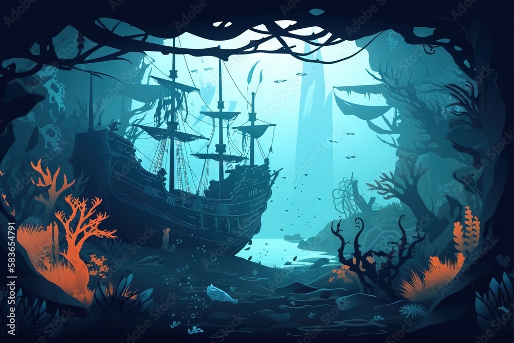 an underwater scene with a pirate ship in the middle of the sea and ...