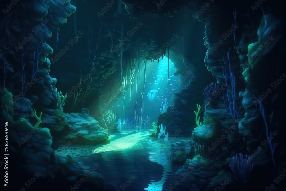 a painting of a cave with a stream running through it and a person ...