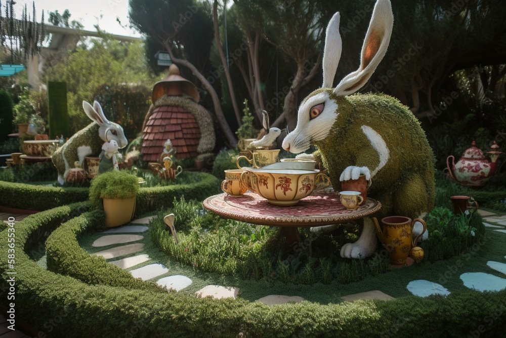 A whimsical Alice in Wonderland-inspired garden with oversized teacups ...