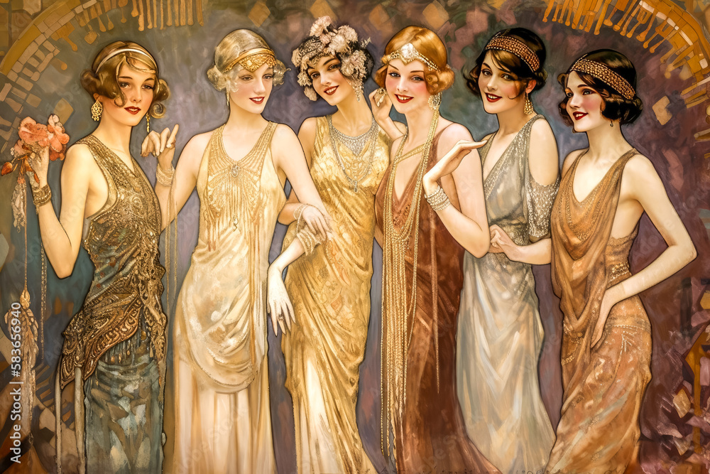 AI generated vintage poster artwork of a group of young women dressed in 1920s art deco, Gatsby ...