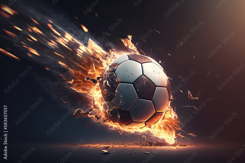 Burning soccer ball explodes on dark background like a comet ...