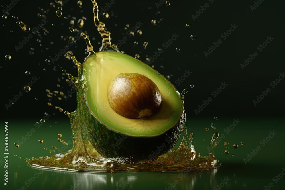 Levitation sliced avocado with drops of oil splash , isolated on green ...