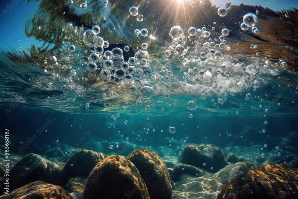 the sun shines through the bubbles of water on the rocks under the ...