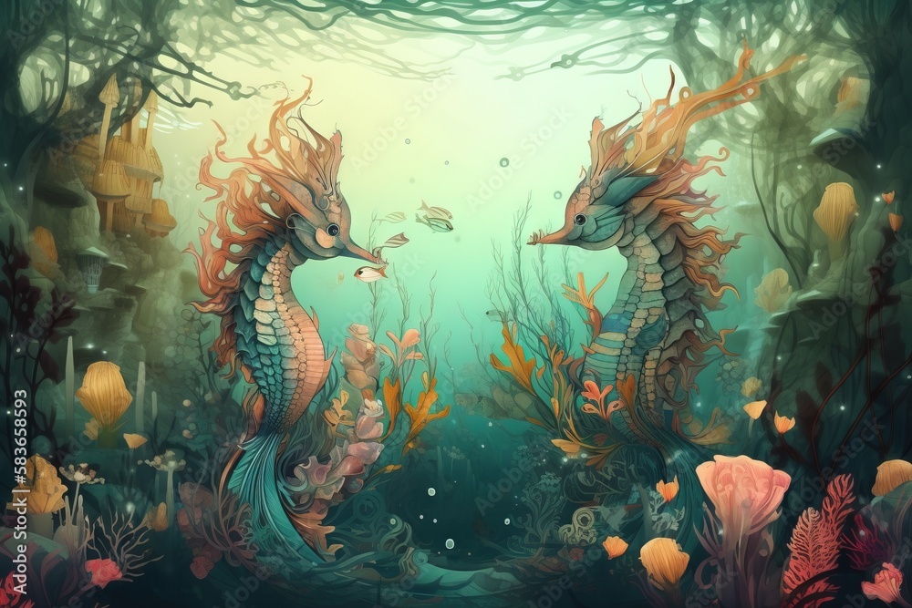 two seahorses in the water surrounded by corals and other marine life ...