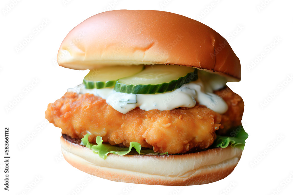 Burger With Crispy Cod Fish Fillet And Brioche Bun, Cucumber And TarTar ...