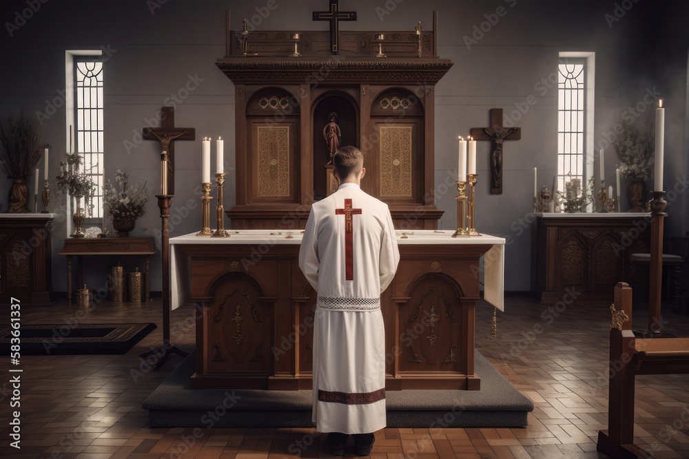 Christian priest standing by the altar. AI generated Stock Illustration ...