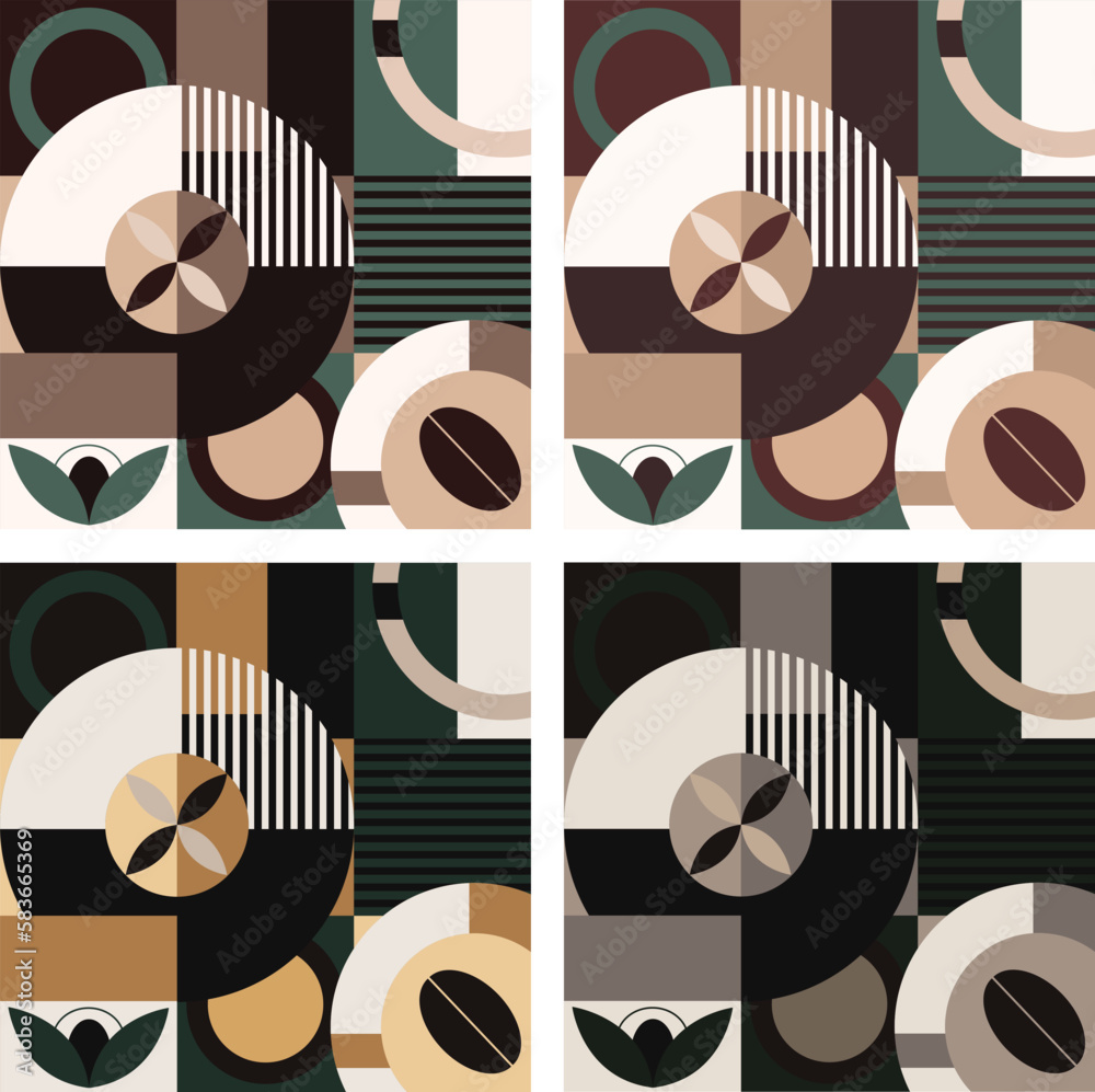Set of colorful geometric patterns, coffee design, abstract back view ...