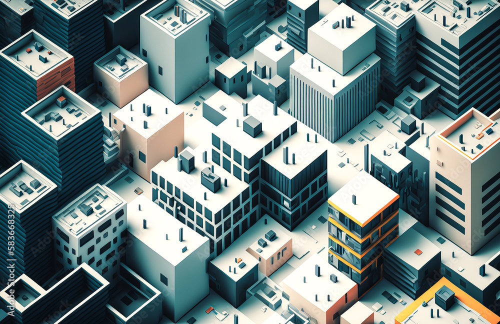 Aerial view of a city with minimalist buildings in a grid. Illustrates ...