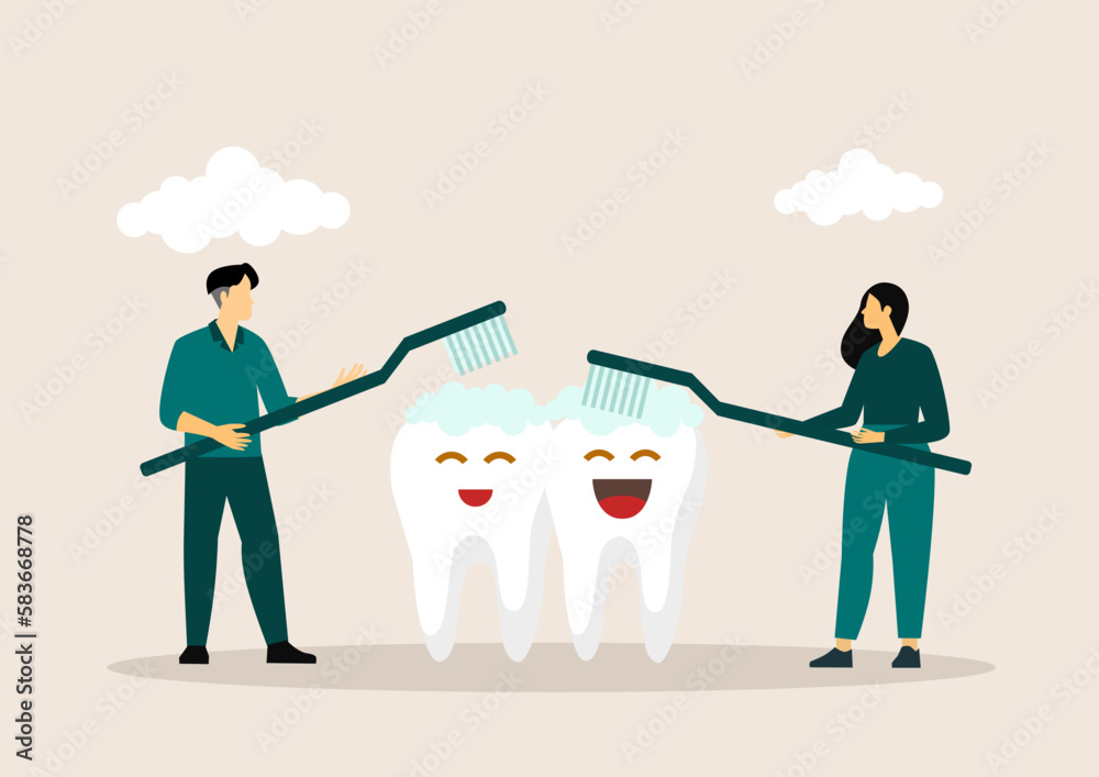 Poster with cute smiling cartoon tooth with soft foam bubbles ...