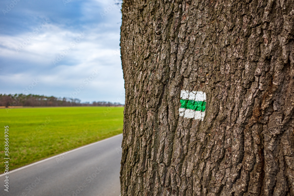 Hiking trail, trail sign, background. Green stripe on white background ...