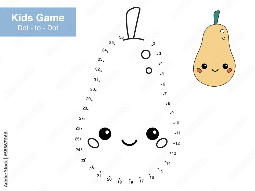 Number puzzle game. Dot to dot. Cute kawaii pear. Healthy food. Cartoon ...