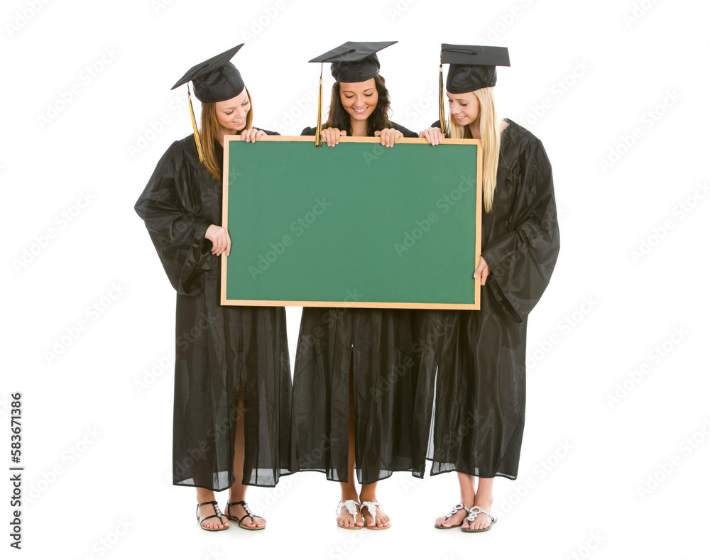 Graduation: Group of Girl Graduates Hold Blank Chalkboard Stock Photo ...