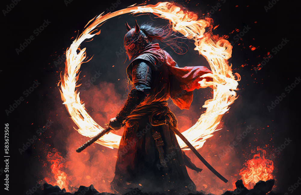 A samurai in a demonic red mask on the battlefield makes a swing with a ...