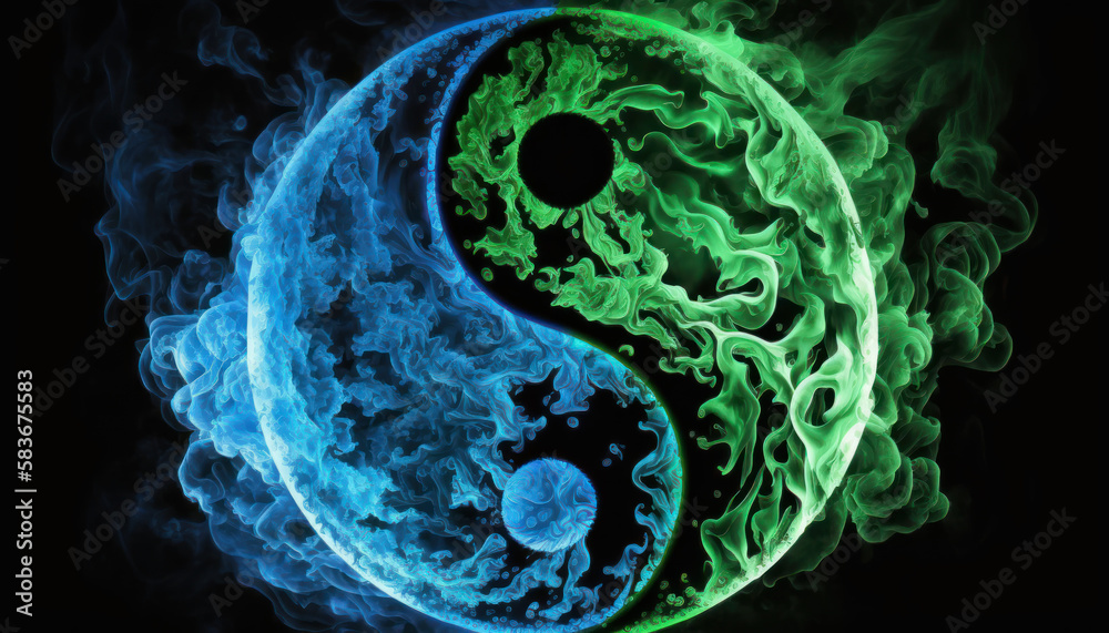 Yin-yang or Tai Chi symbol made of green and blue fire on black ...