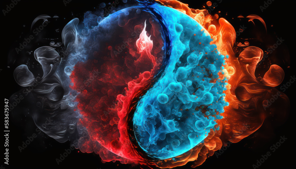 Yin-yang or Tai Chi symbol made of red and blue fire on black ...