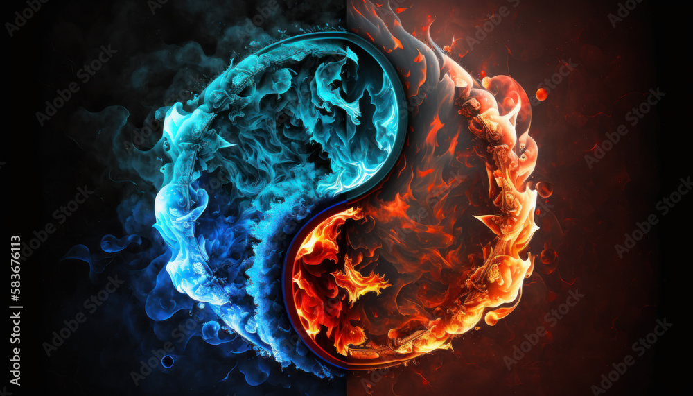 Yin-yang or Tai Chi symbol made of red and blue fire on black ...