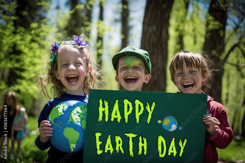 Group of kids holding posters together, Earth Day Planet save cute ...