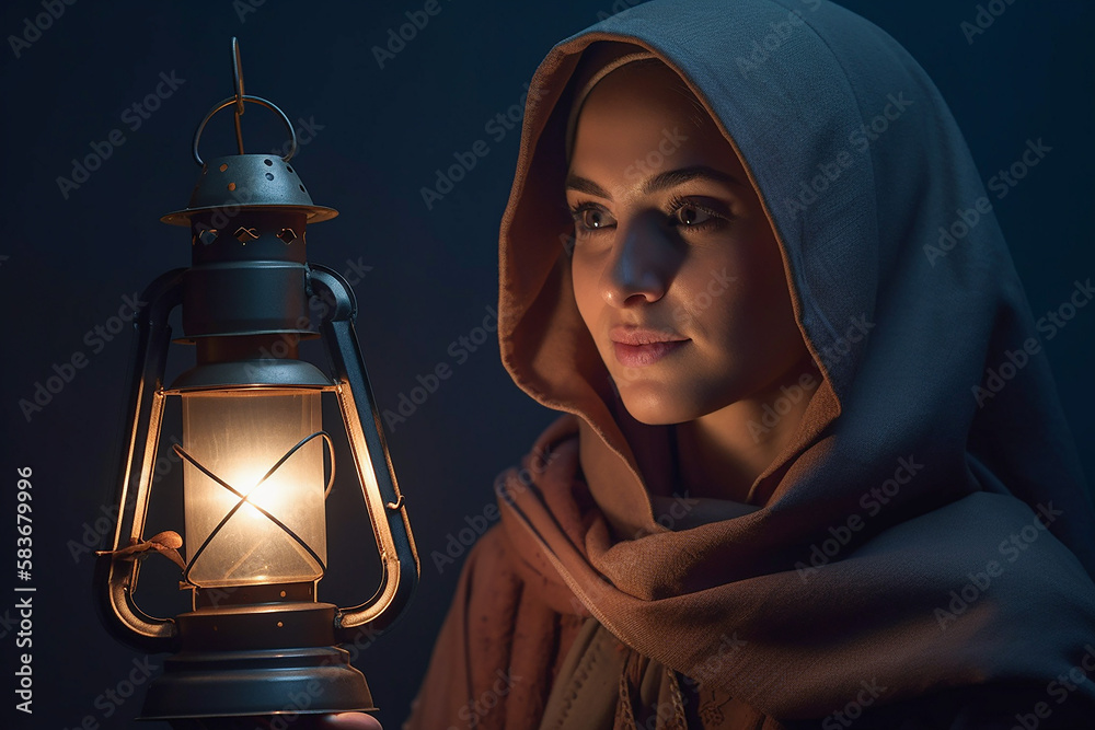 Muslim woman with a Ramadan lantern, fictitious person. AI generated ...