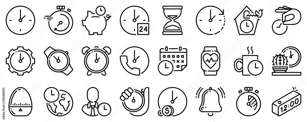 Line icons about time and clocks on transparent background with ...