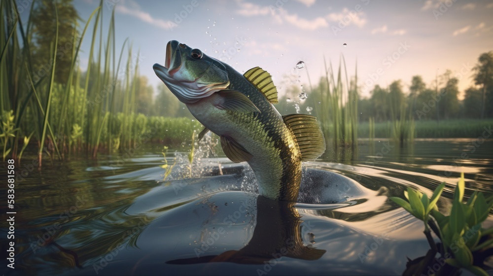 Largemouth bass jumping out of water in a swamp created with Generative ...