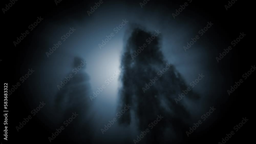 Spooky dark monks 2D animation. Two hooded men stands inside gloom ...